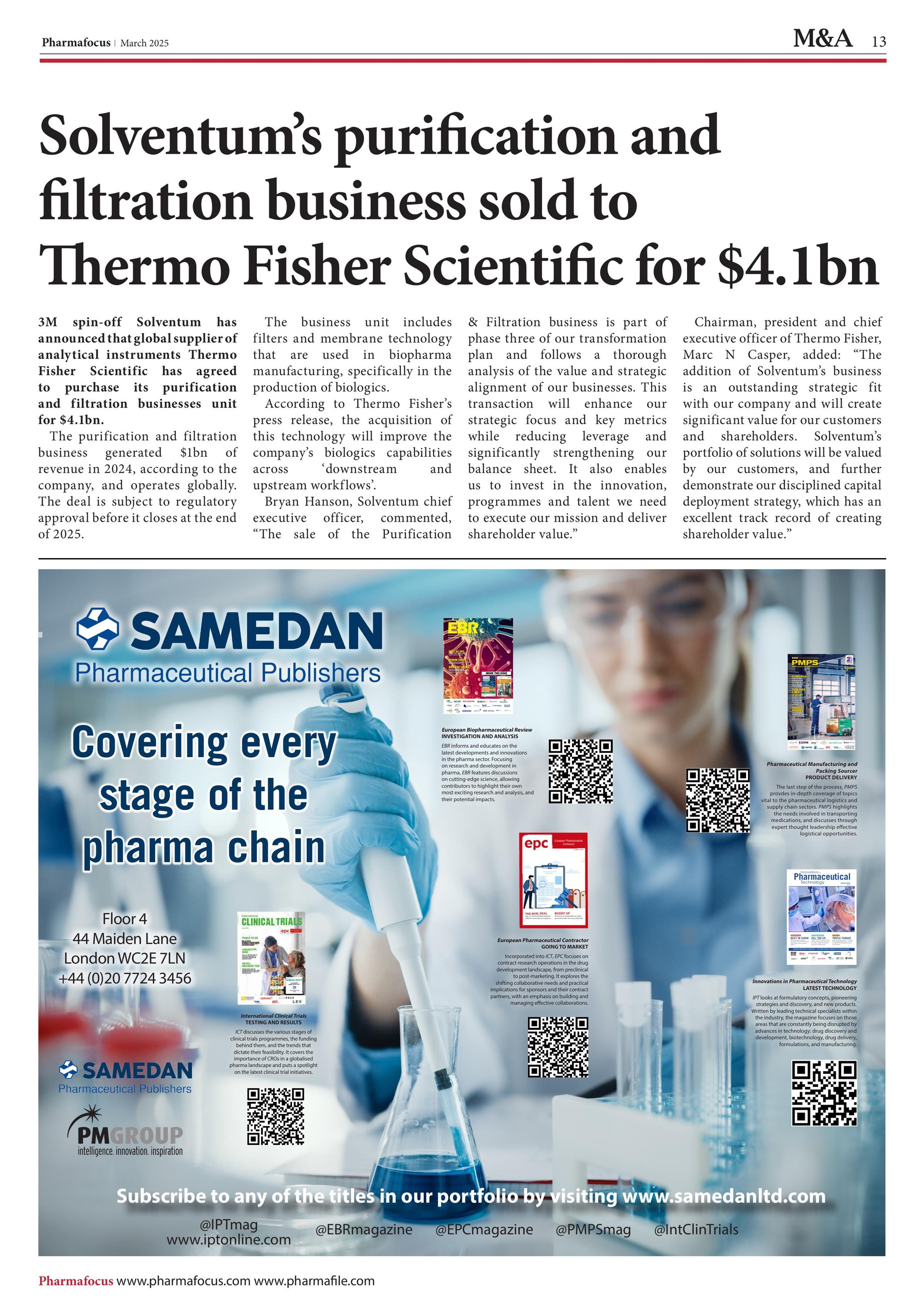 Solventum’s purification and filtration business sold to Thermo Fisher Scientific for $4.1bn