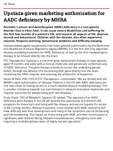 Upstaza Given Marketing Authorisation For AADC Deficiency By MHRA