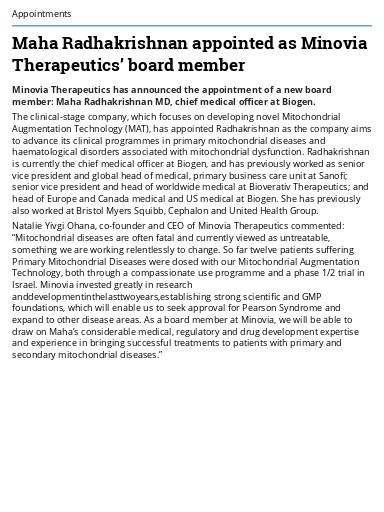 Maha Radhakrishnan Appointed As Minovia Therapeutics’ Board Member