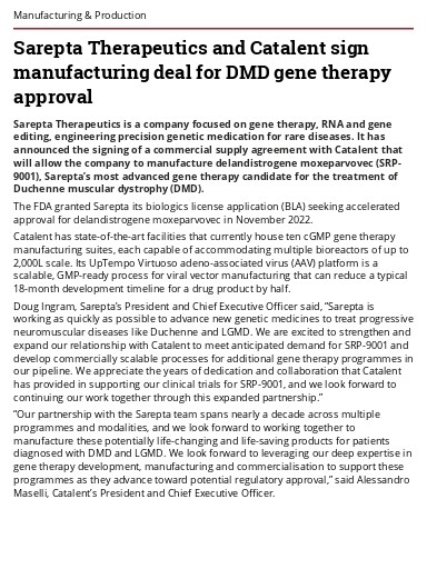 Sarepta Therapeutics And Catalent Sign Manufacturing Deal For Dmd Gene ...