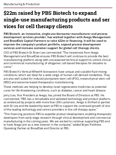 PBS Biotech raisies $22m To Expand Single-use Manufacturing Products ...