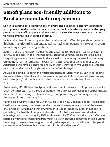 Sanofi Plans Eco-friendly Additions To Brisbane Manufacturing Campus