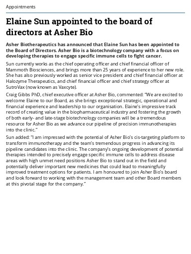 Elaine Sun Appointed To The Board Of Directors At Asher Bio