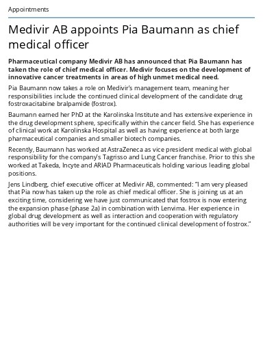 Medivir Ab Appoints Pia Baumann As Chief Medical Officer