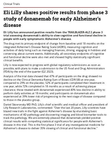 Eli Lilly shares positive results from phase 3 study of donanemab for ...