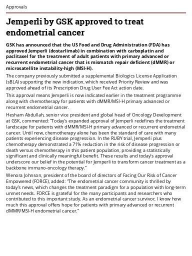 Jemperli by GSK approved to treat endometrial cancer