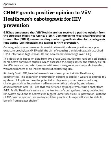 Chmp Grants Positive Opinion To Viiv Healthcares Cabotegravir For Hiv Prevention